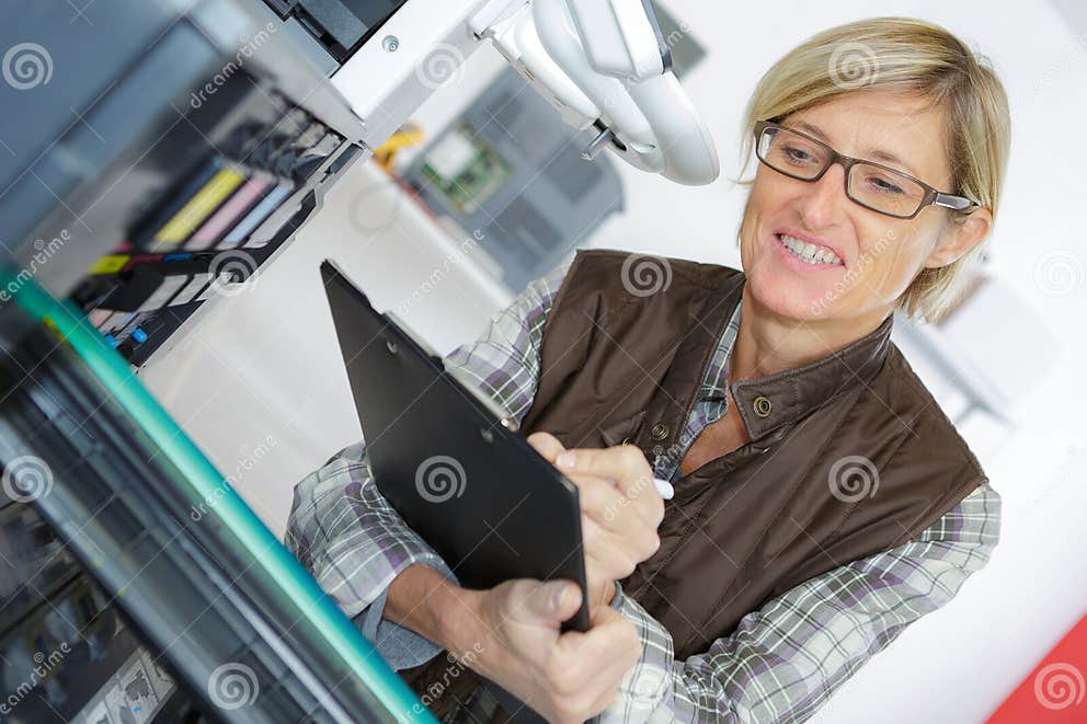 Positive Joyful Woman Checking Printer Stock Photo - Image of designer ...