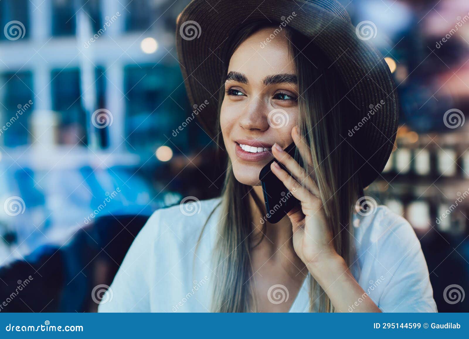 Positive Lady Smiling while Calling Stock Image - Image of beautiful ...