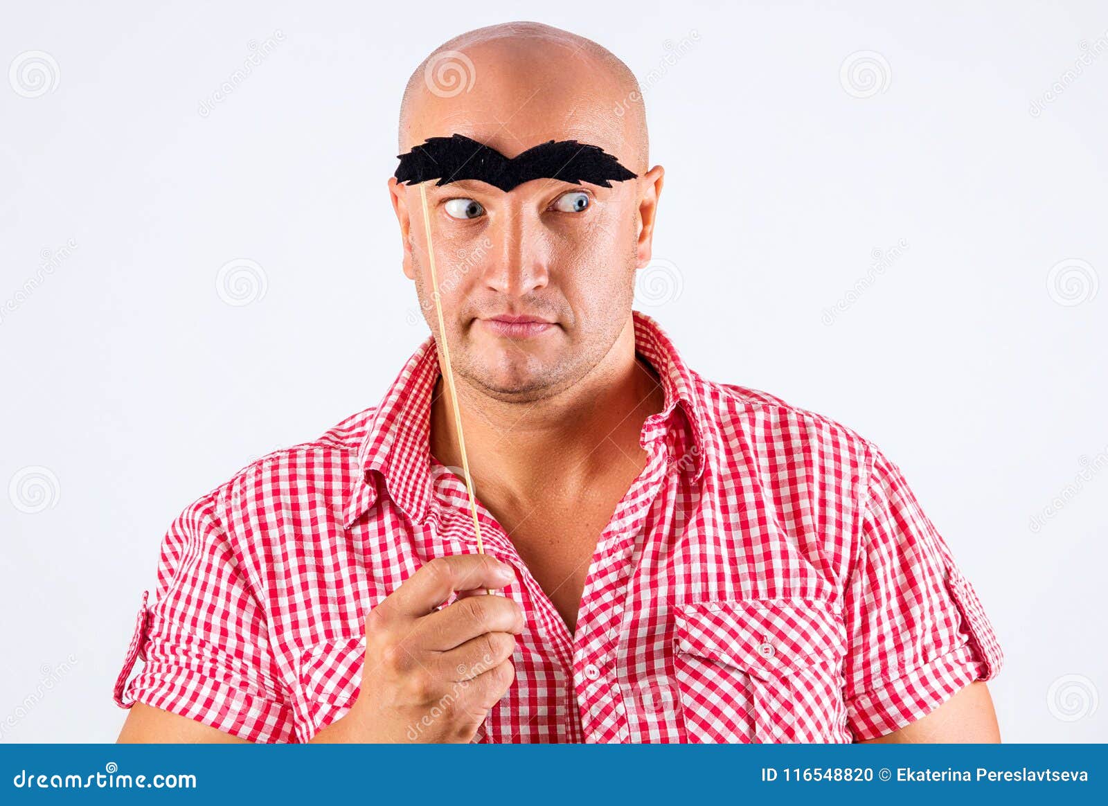 Positive Man With False Eyebrows, White Background With Surprised Look ...