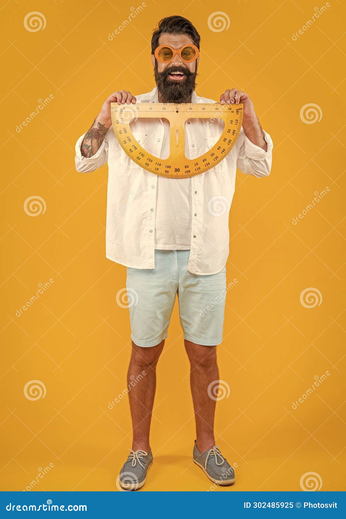 Positive Man Hold Geometry Protractor Isolated on Yellow. Man Hold ...