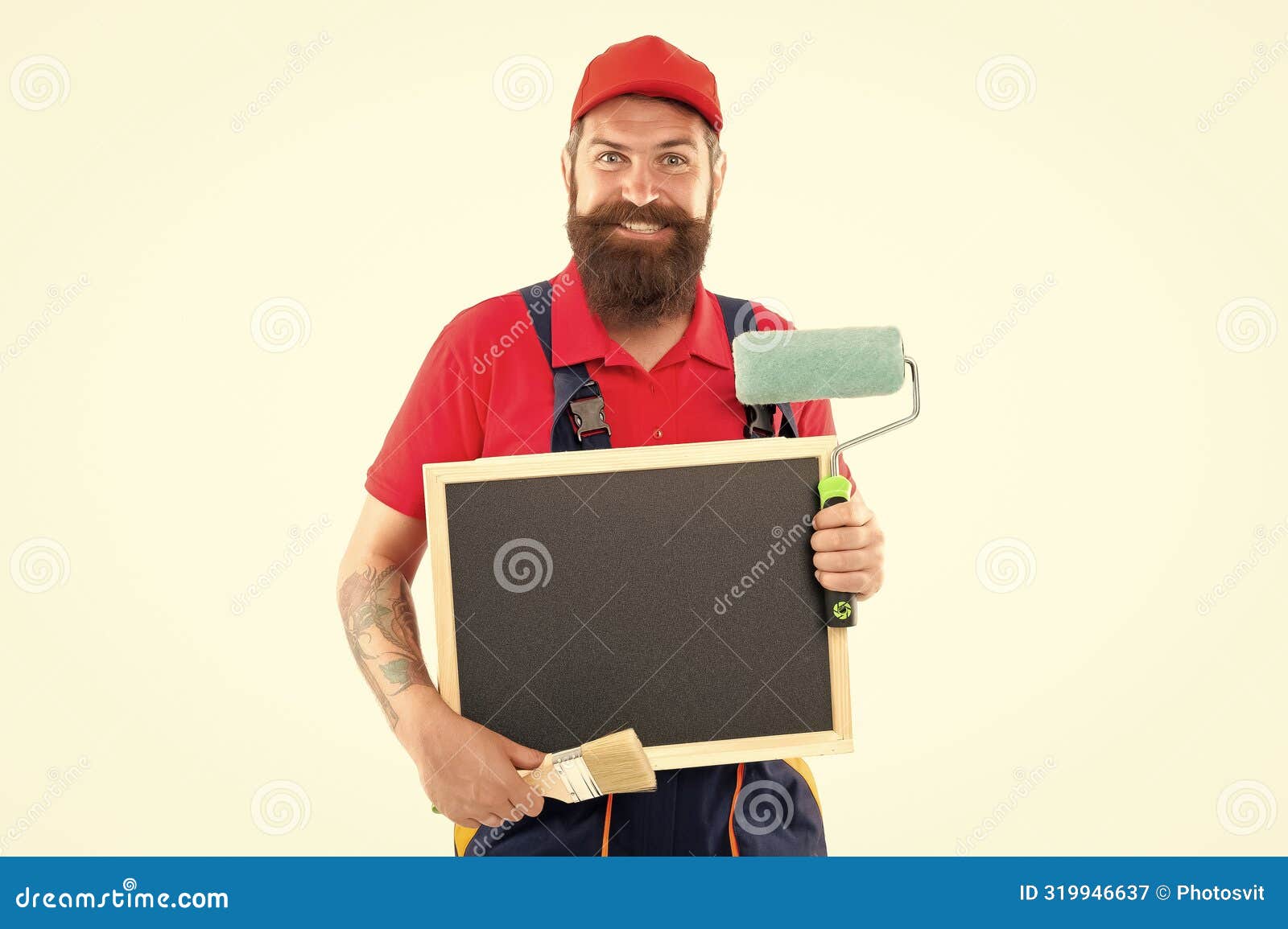 Positive Man Painter Ready for Renovation Isolated on White Background ...