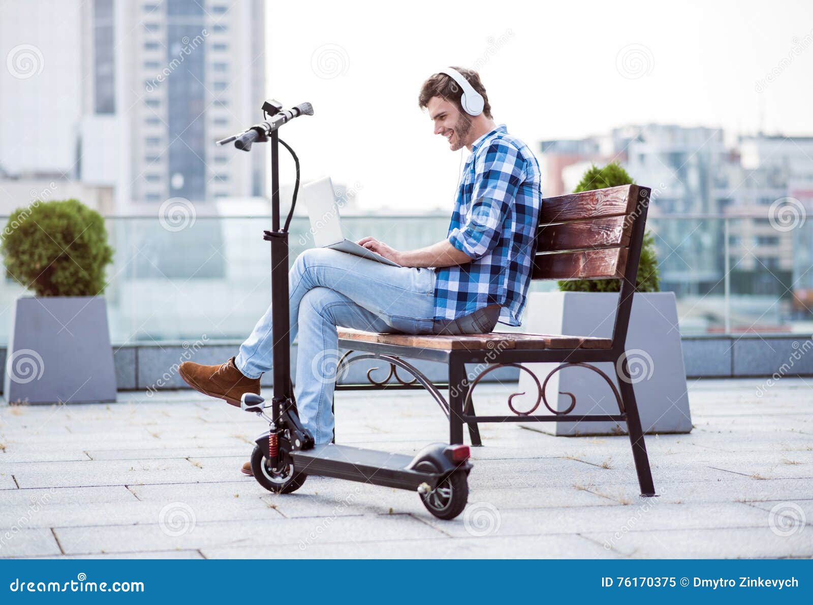Positive Man Resting on the Bench Stock Image - Image of device, future ...