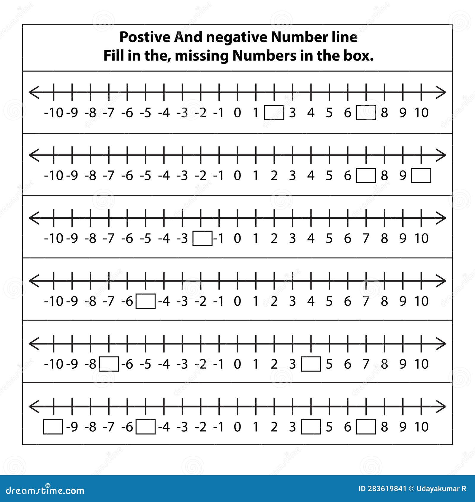 Positive and Negative Number Line 1 To 10 and -10 Missing Numbers ...