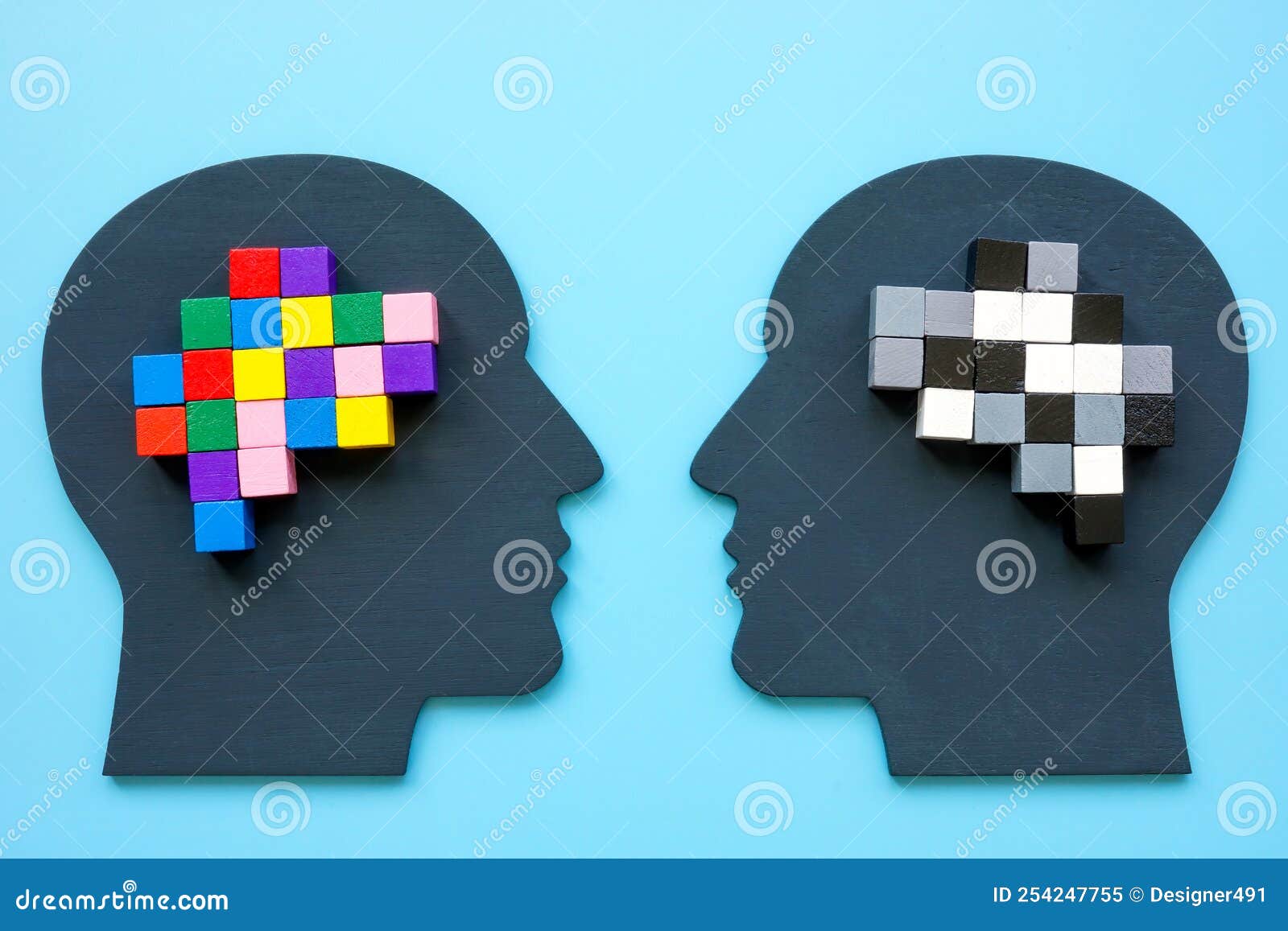 Positive and Negative Thinking Concept. Heads and Brain from Colored ...