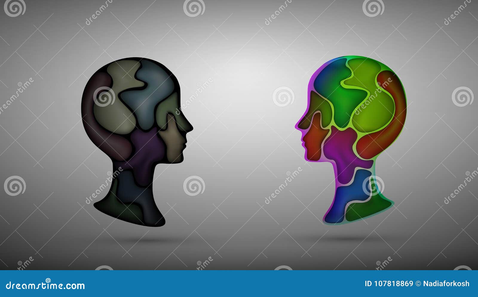 Positive and Negative Thoughts Concept, Two Man Profiles with Colored ...