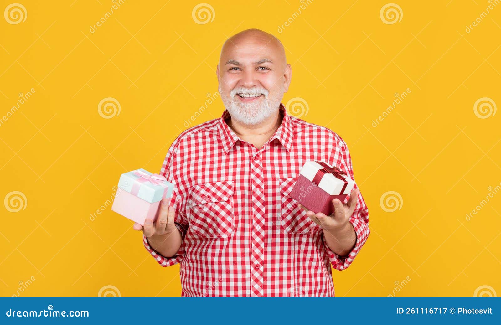 Positive Old Man with Present Box for Anniversary Stock Image - Image ...