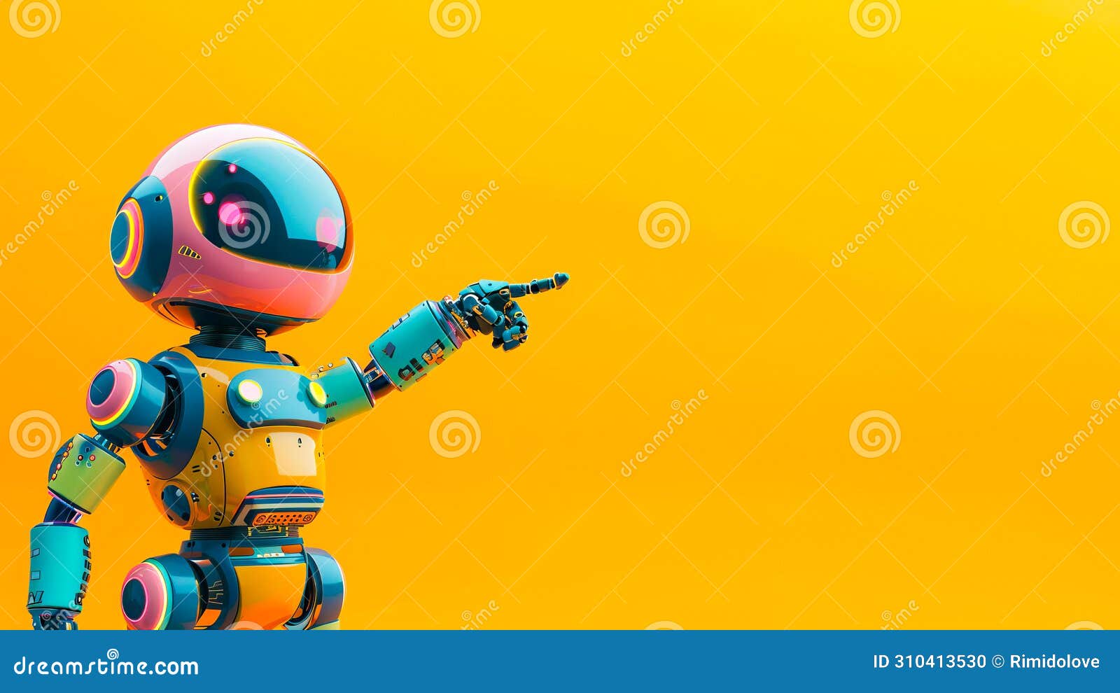 Positive Robot Gestures while Pointing with Yellow Background. Stock ...