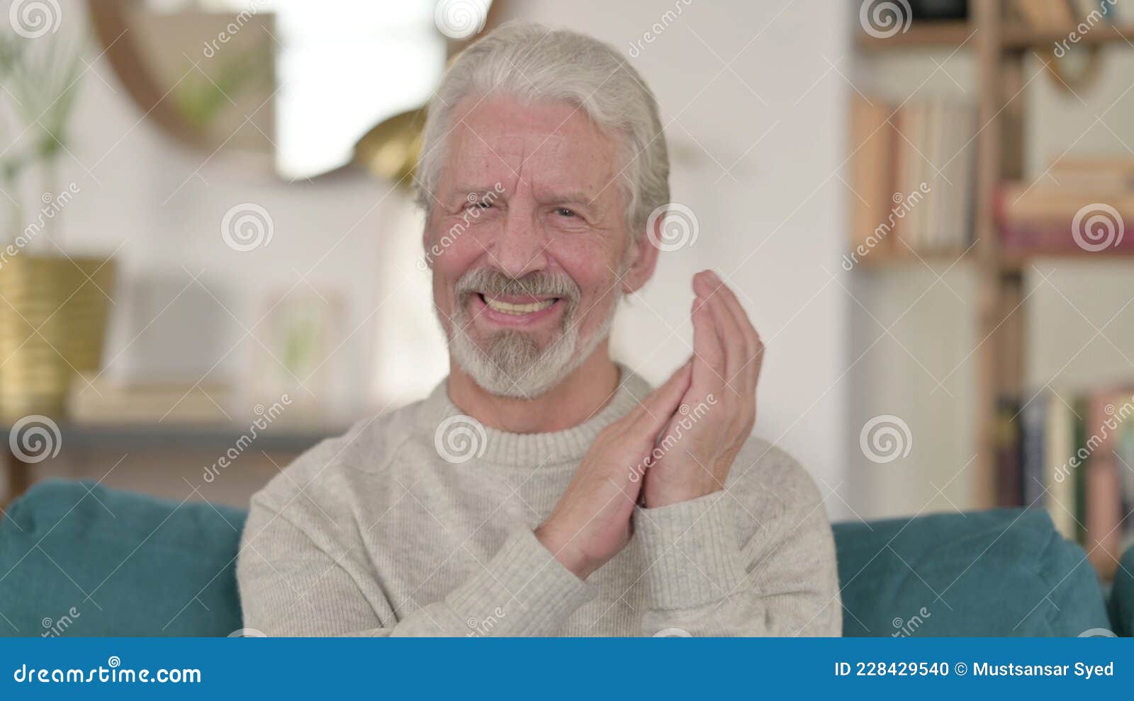 Positive Senior Old Man Clapping at Home Stock Photo - Image of home ...