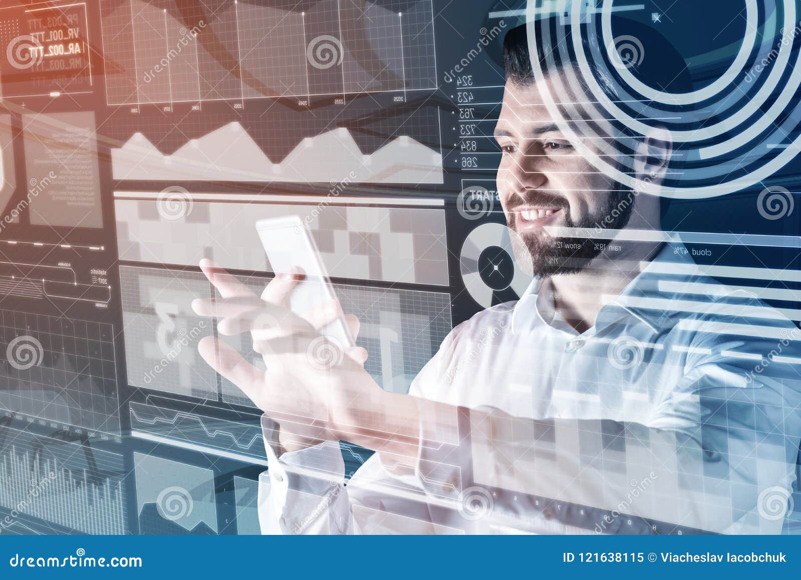 Positive Software Developer Smiling while Testing a New Smartphone ...