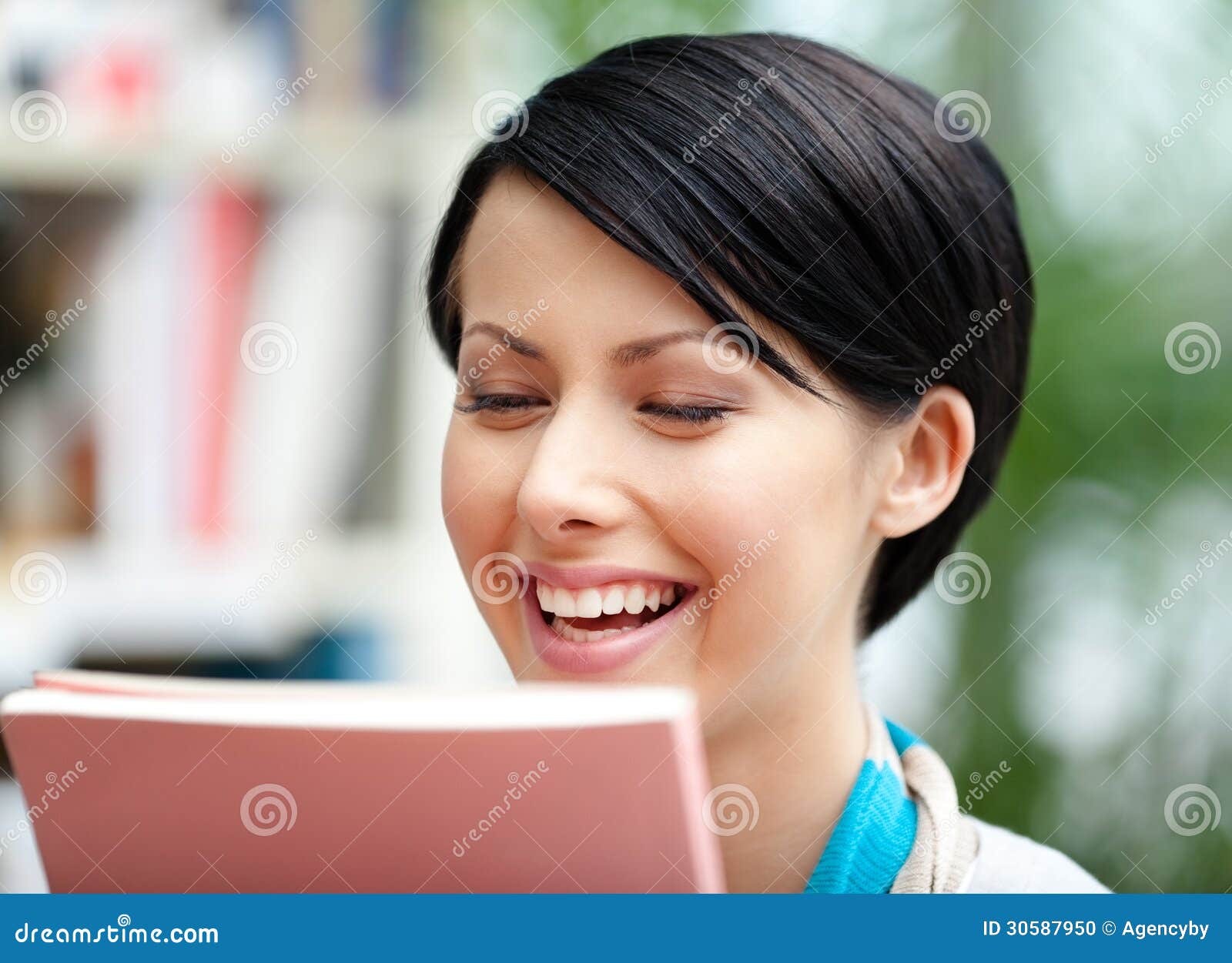 Positive Student with Book at the Library Stock Photo - Image of cute ...