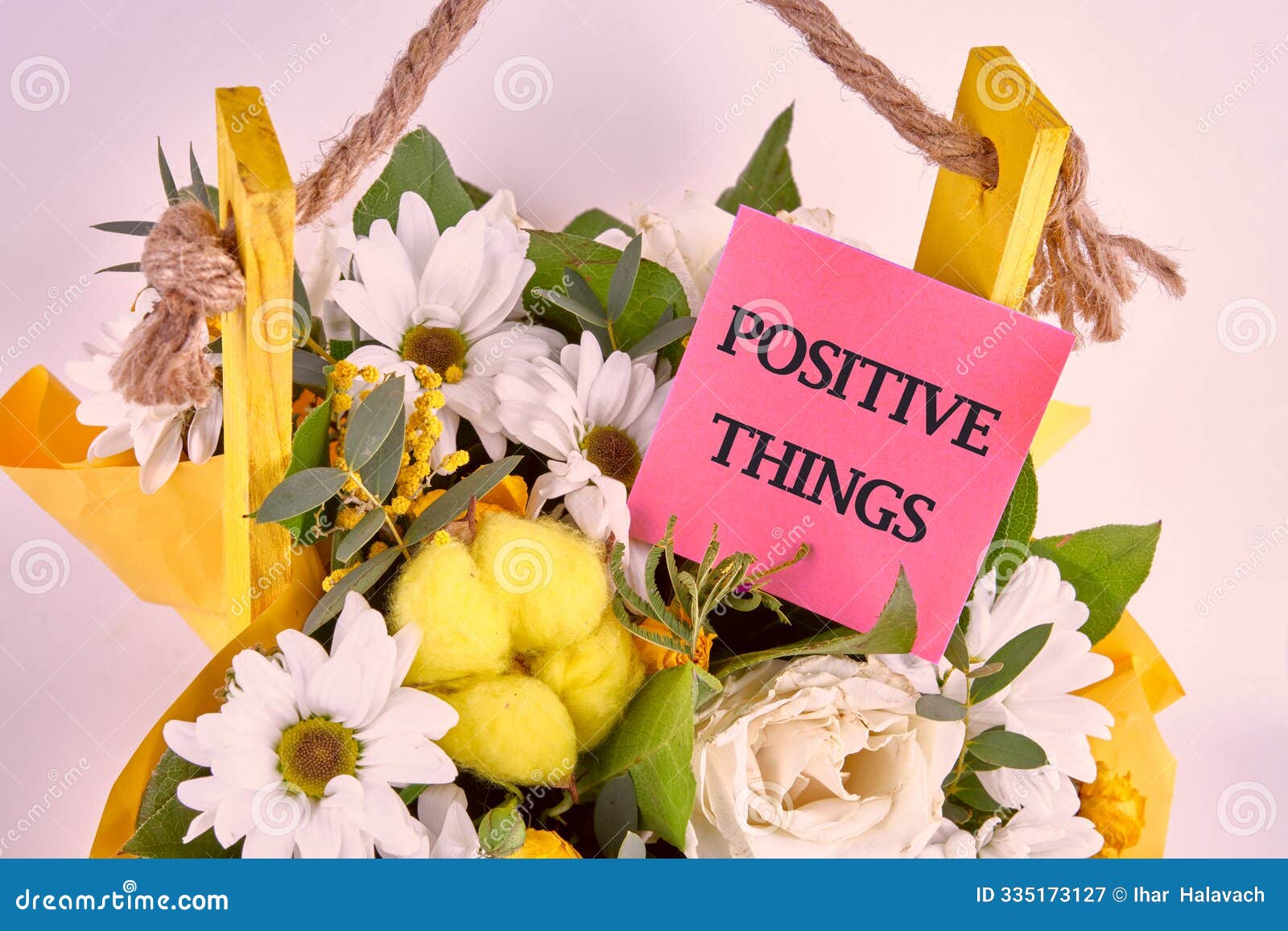 POSITIVE THINGS Phrase on a Sticker in a Bouquet of Flowers Stock Image ...