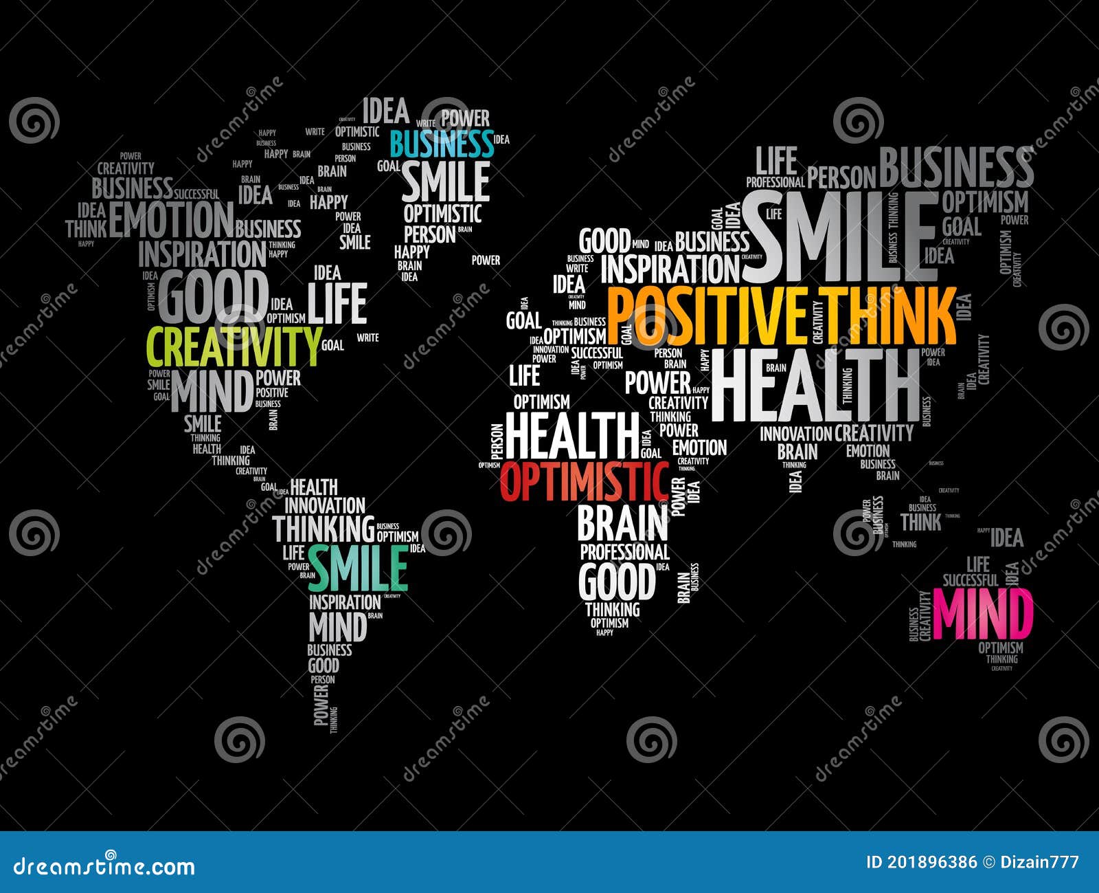 Positive Thinking Word Cloud in Shape of World Map Stock Photo - Image ...