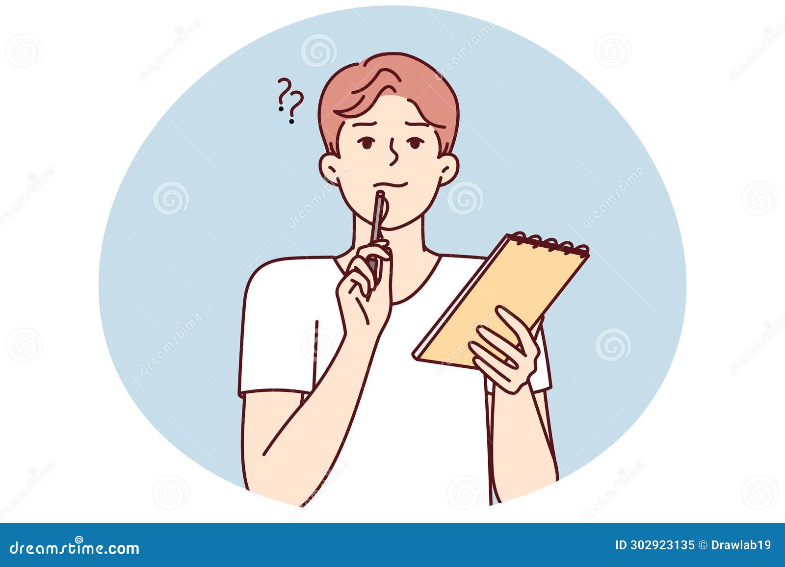 Thoughtful Man with Notebook Puts Pen To Face while Thinking about ...