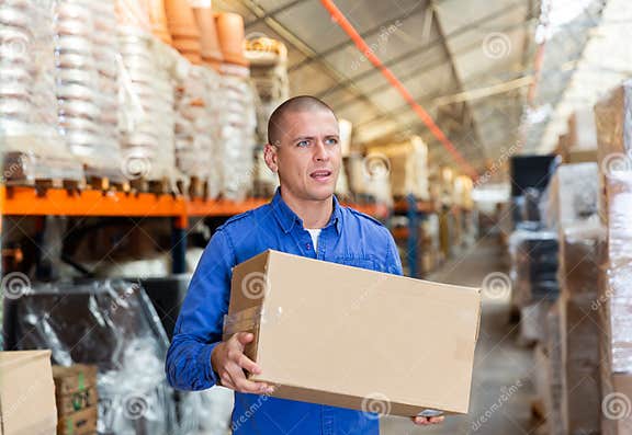 Positive Warehouse Worker Dragging Boxes on Hands Stock Photo - Image ...