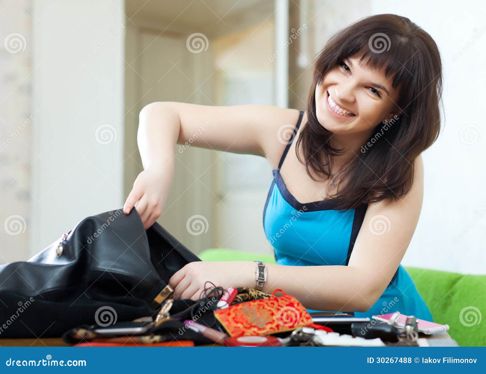 Positive Woman Finding Anything in Purse Stock Photo - Image of search ...