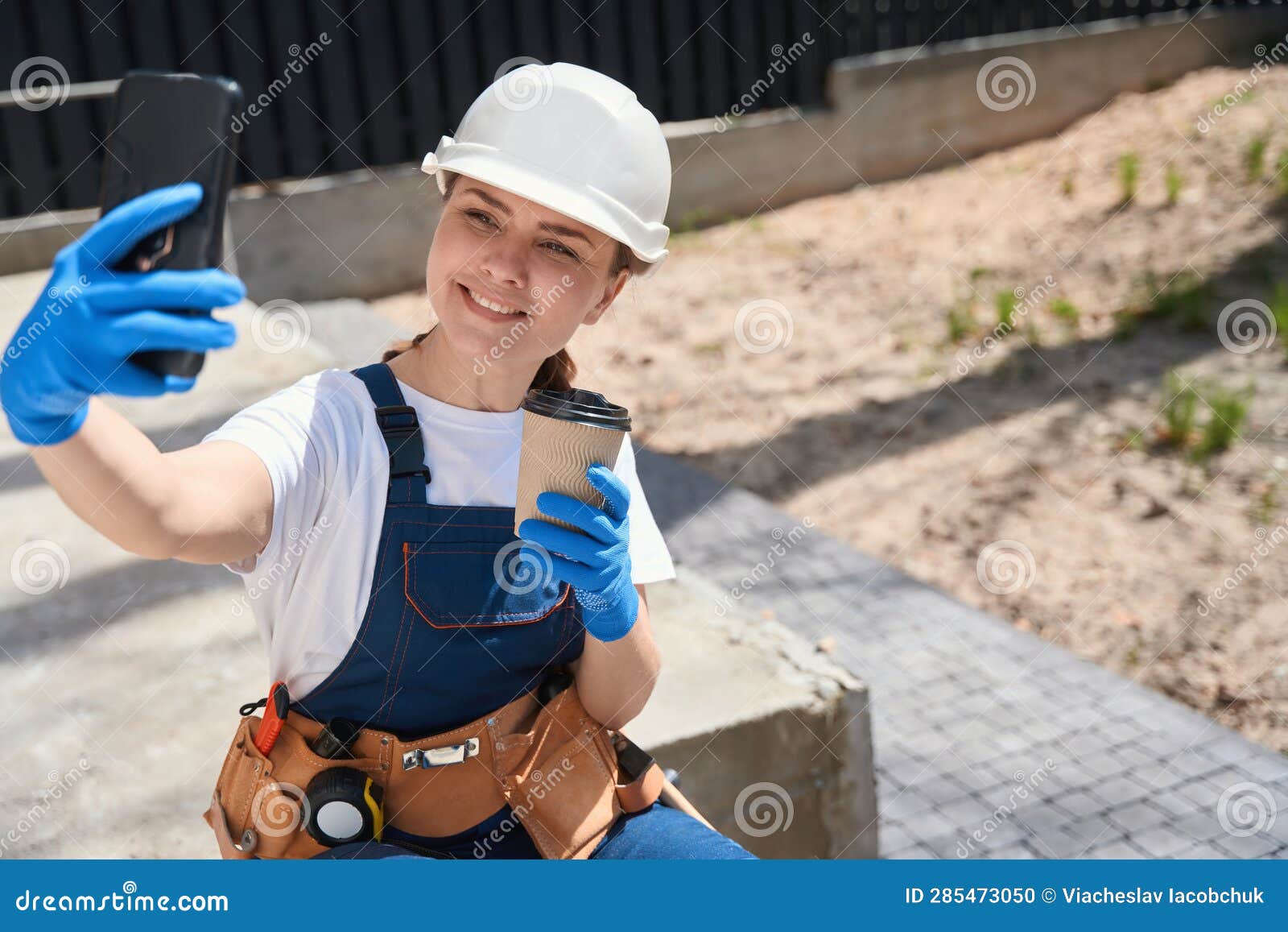 Positive Woman Contractor Making Selfie and Drinking Coffee during Break at Work Stock Photo ...