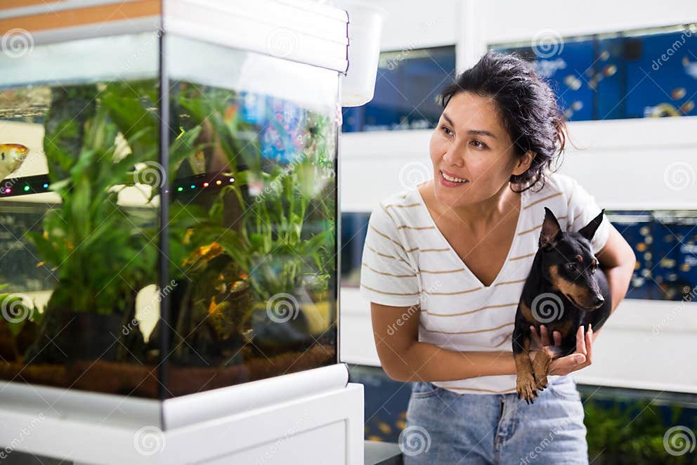 Positive Woman with Dog in Her Arms Choosing Aquarium Fish at Pet Shop ... Positive Woman with Dog in Her Arms Choosing Aquarium Fish at Pet Shop ...