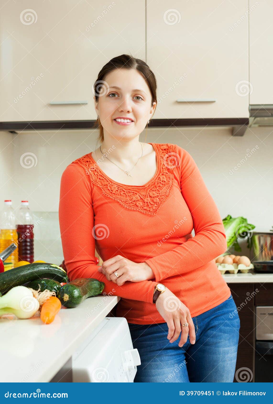 Positive Woman in Home Kitchen Stock Image - Image of salat, ingredient ...