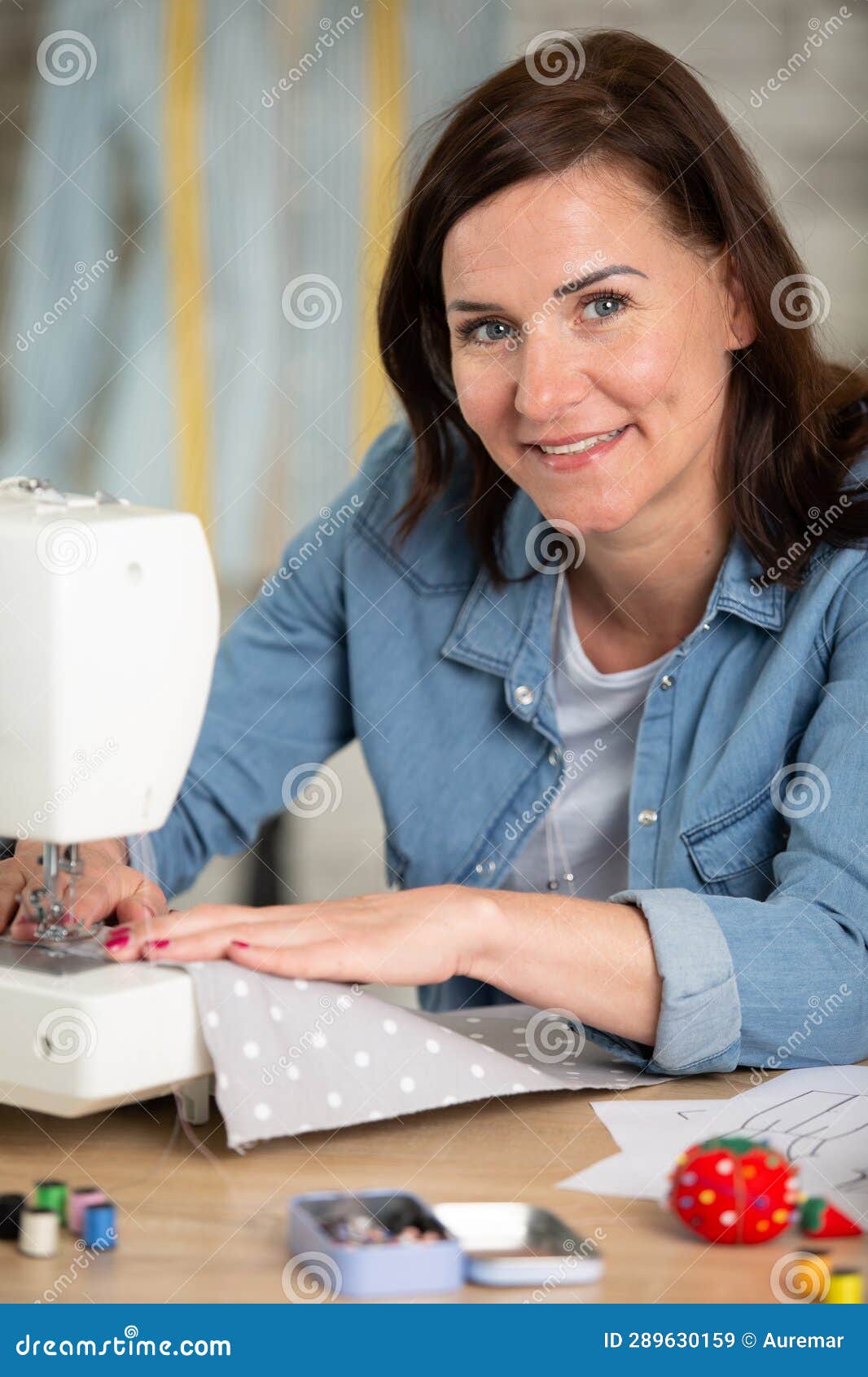 Positive Woman Sewing with Professional Machine at Workshop Stock Image ...