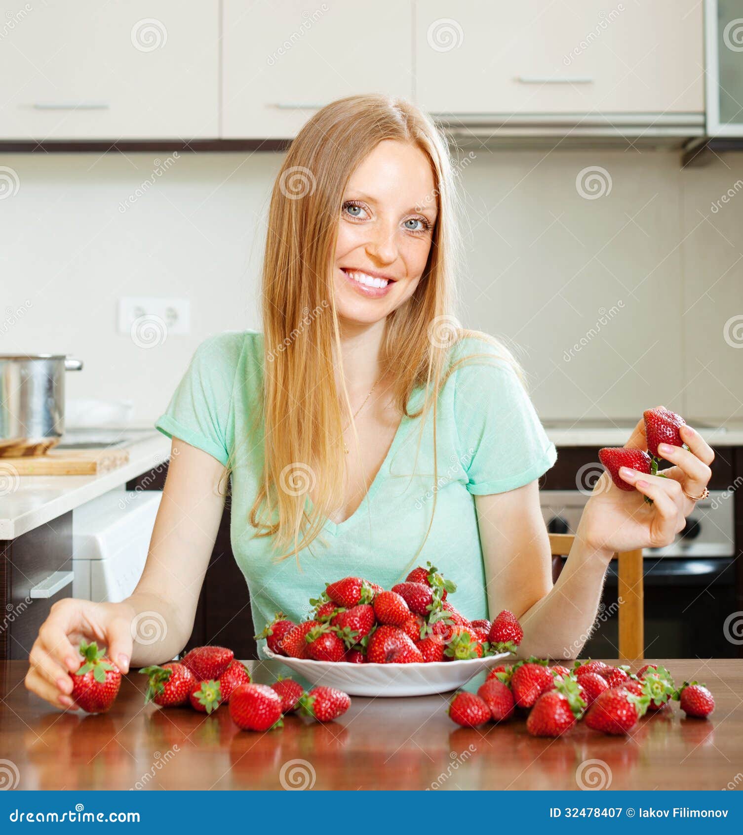 Positive Woman with Strawberries Stock Image - Image of woman ...