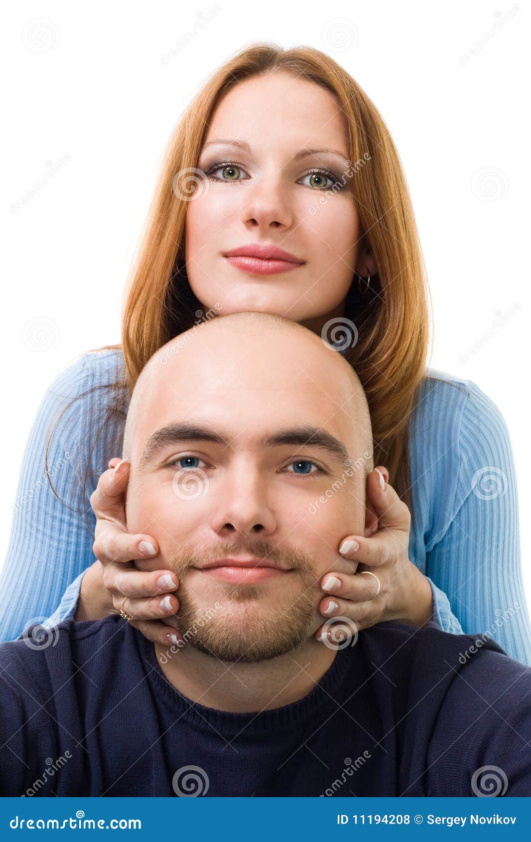 Positive Woman Touching Men S Head Stock Photo - Image of adult ...