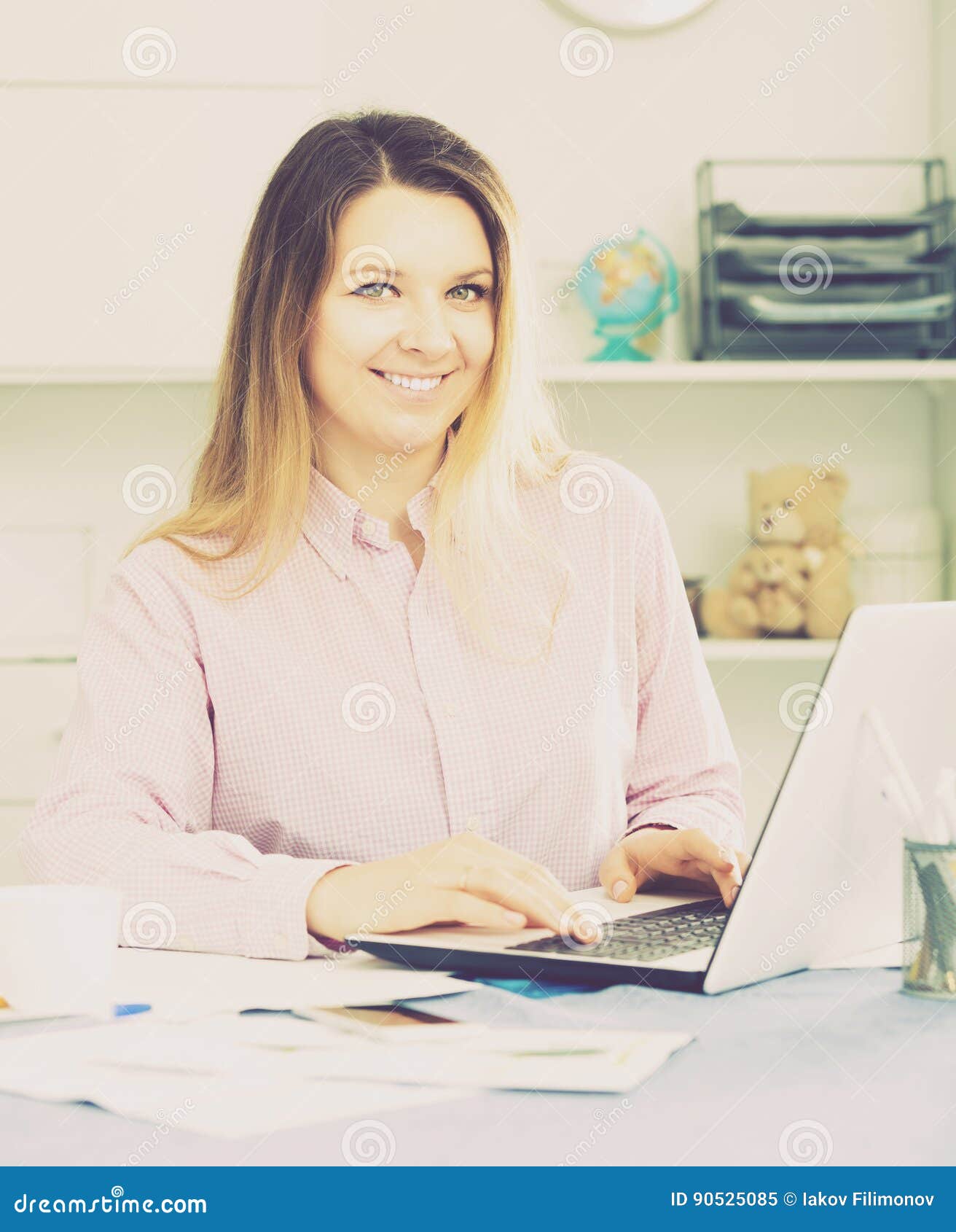 Positive Woman Worker Working Effectively in Office Stock Image - Image ...