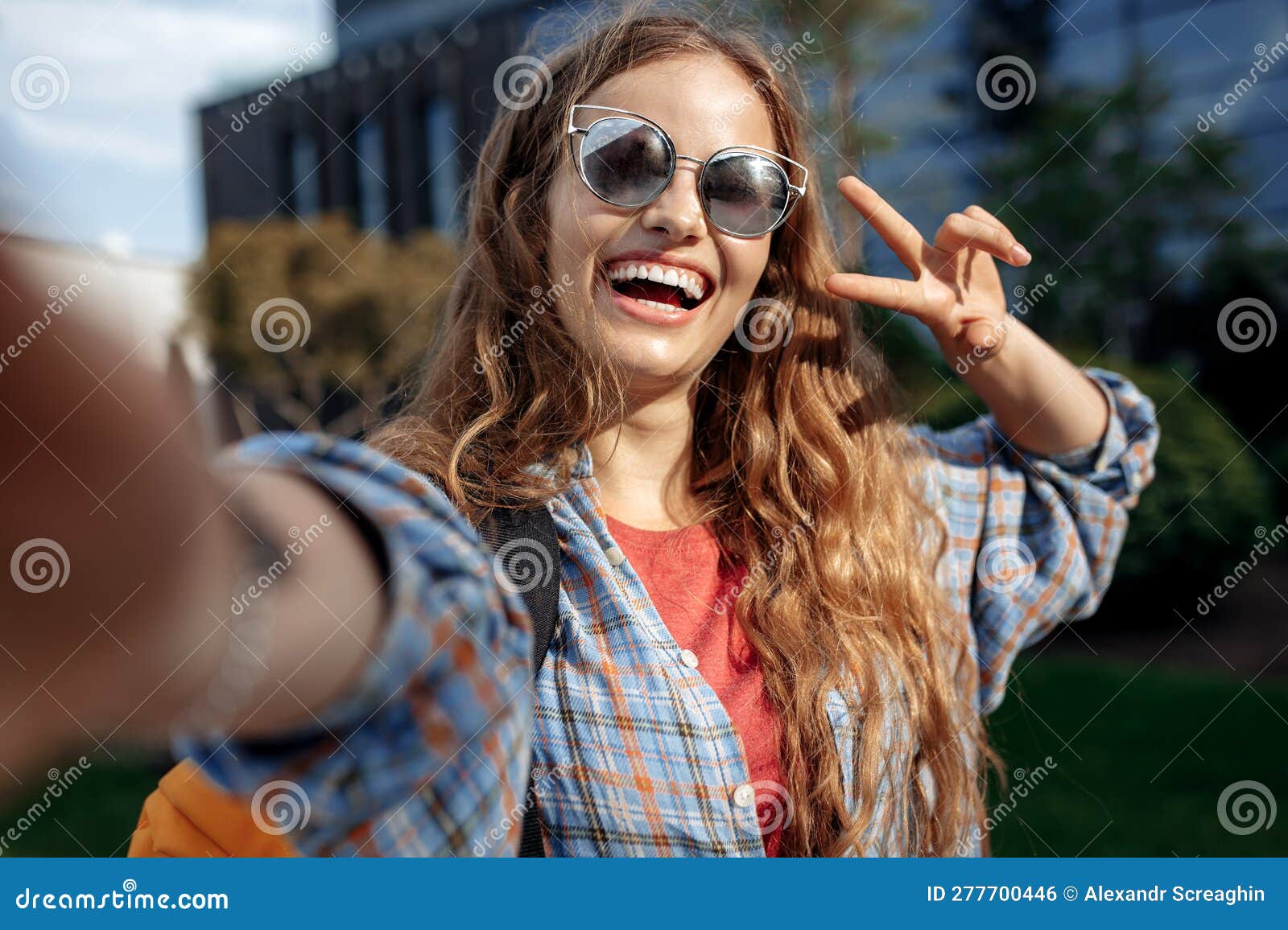 Face Peace Sign And Woman Happiness Selfie Of A Model With A Funny