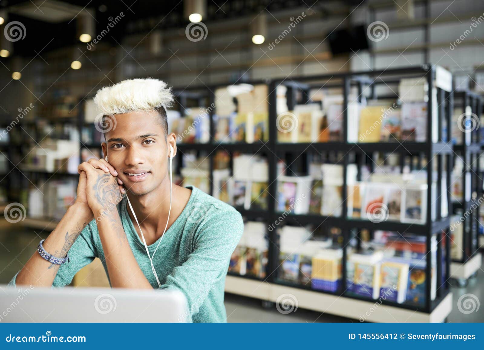 Positive Young Guy in Library Stock Photo - Image of black, looking ...