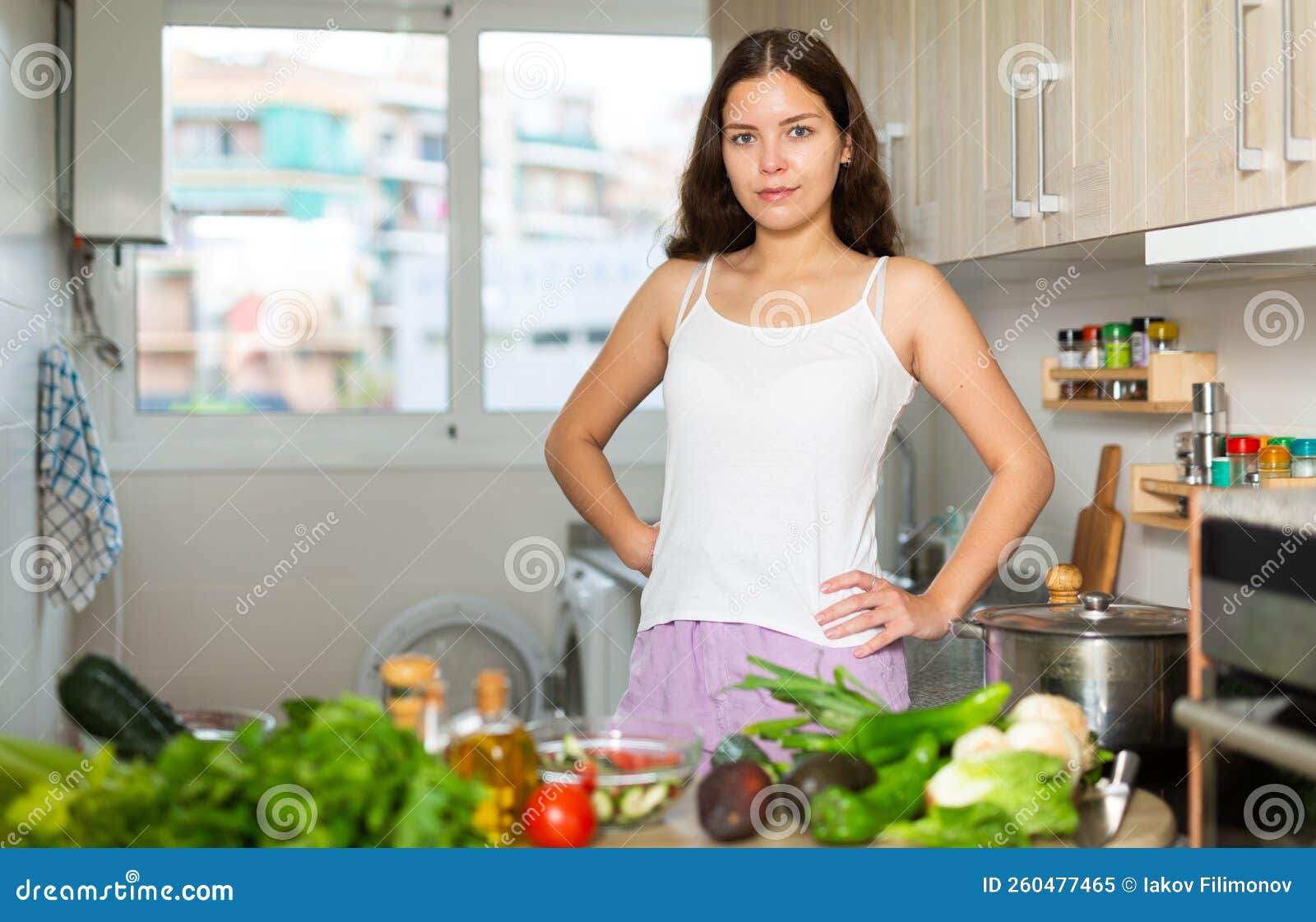 Portrait of Young Woman Posing in Kitchen Stock Image - Image of dreamy ...