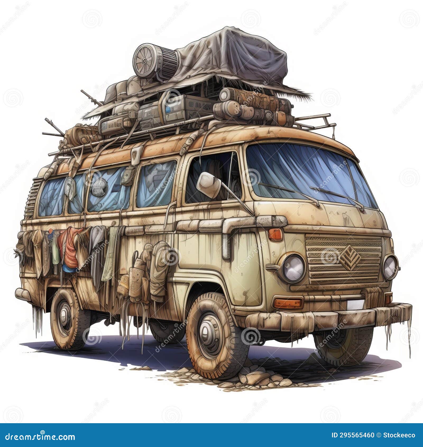 Post-apocalyptic Camper Van Illustration with Detailed Characters Stock ...