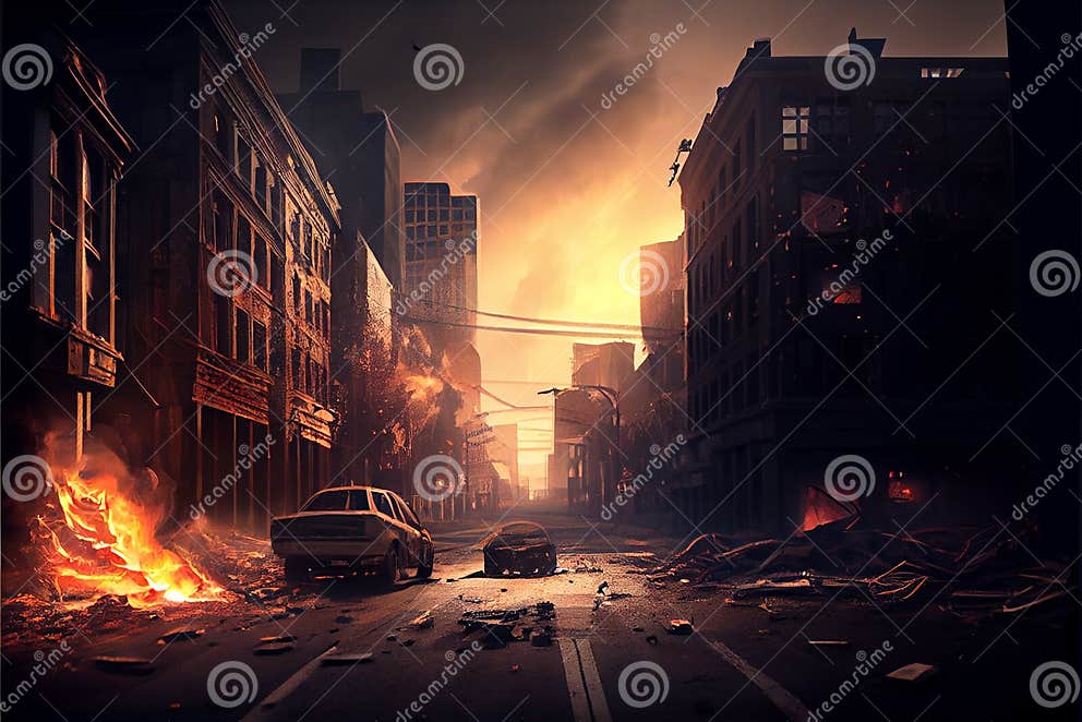 The Post-apocalyptic City is on Fire. Generative AI Stock Illustration ...