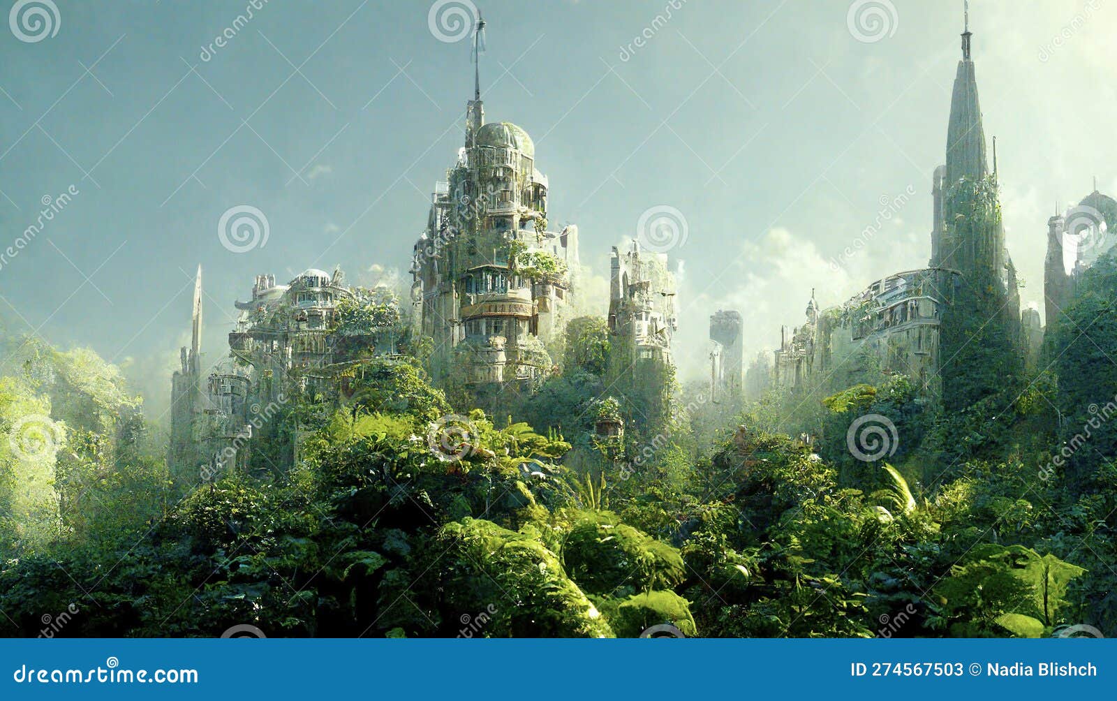 Post Apocalyptic City Futuristic Overgrown Buildings Concept Art Stock Illustration 2028
