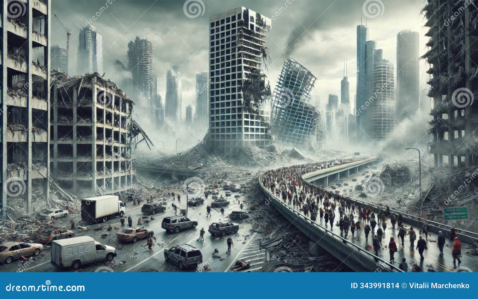 Post-apocalyptic Cityscape with Collapsed Buildings and Abandoned ...