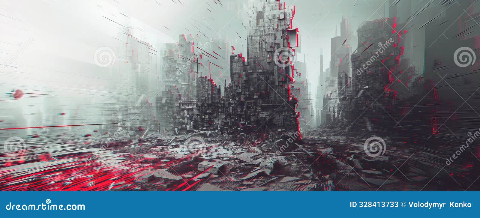 Post-apocalyptic Cityscape with Crumbling Buildings and Digital ...