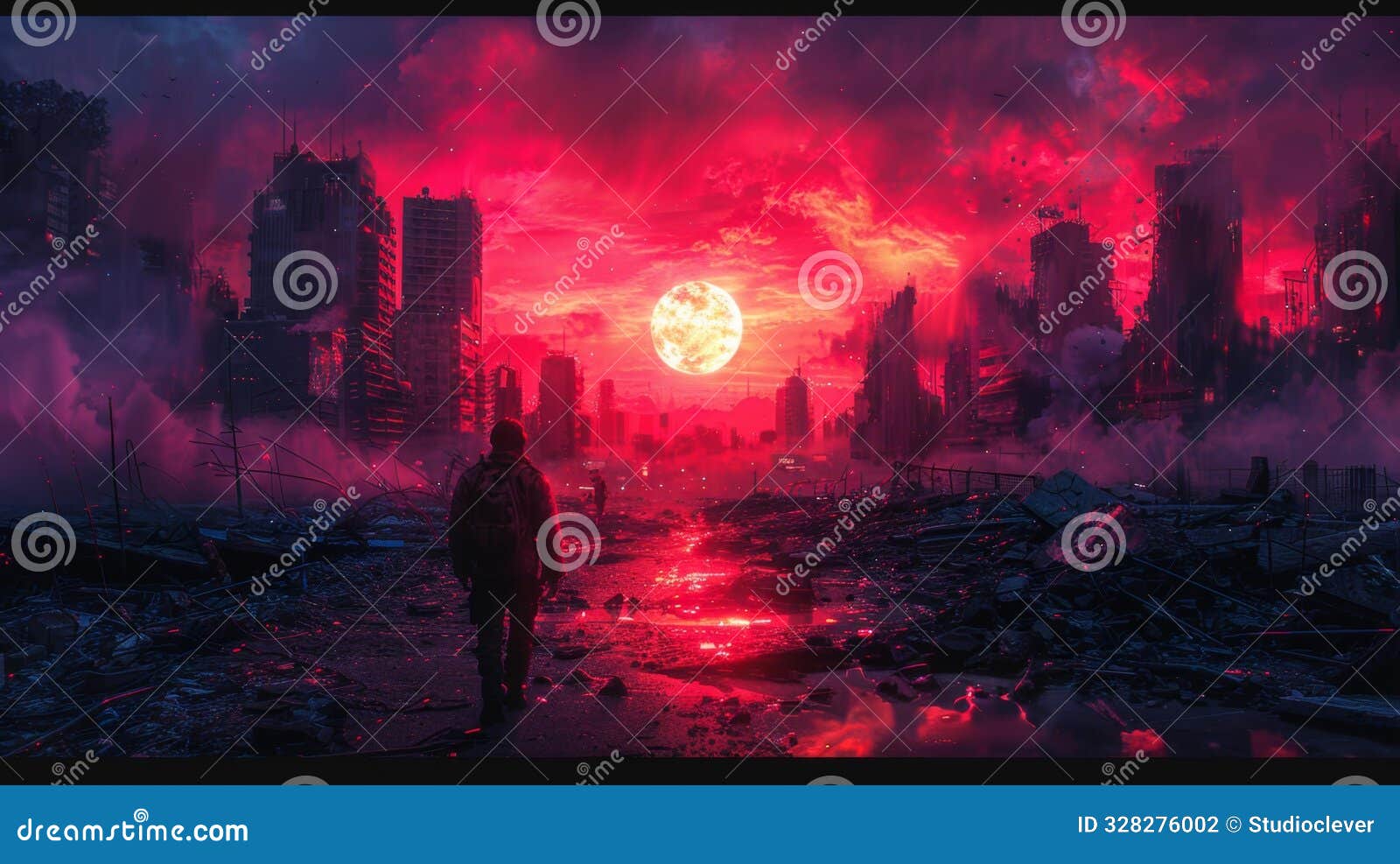 Post-apocalyptic Cityscape with Fiery Sky - Generative Ai Stock ...