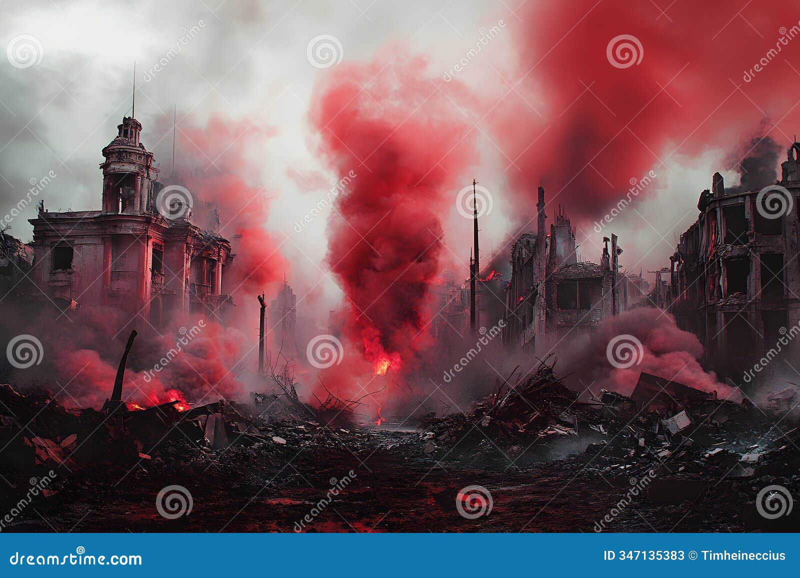 Post-Apocalyptic Cityscape with Red Smoke and Ruined Structures Stock ...