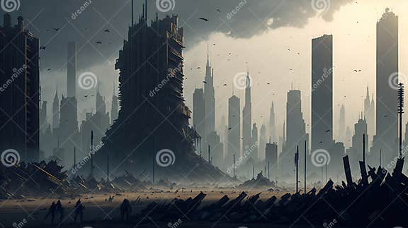 A Post Apocalyptic Cityscape with a Skyline Stock Illustration ...