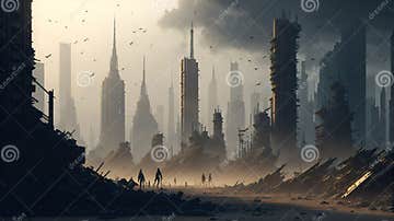 A Post Apocalyptic Cityscape with a Skyline Stock Illustration ...