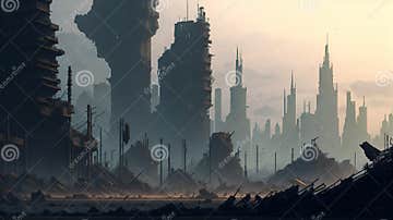A Post Apocalyptic Cityscape with a Skyline Stock Illustration ...