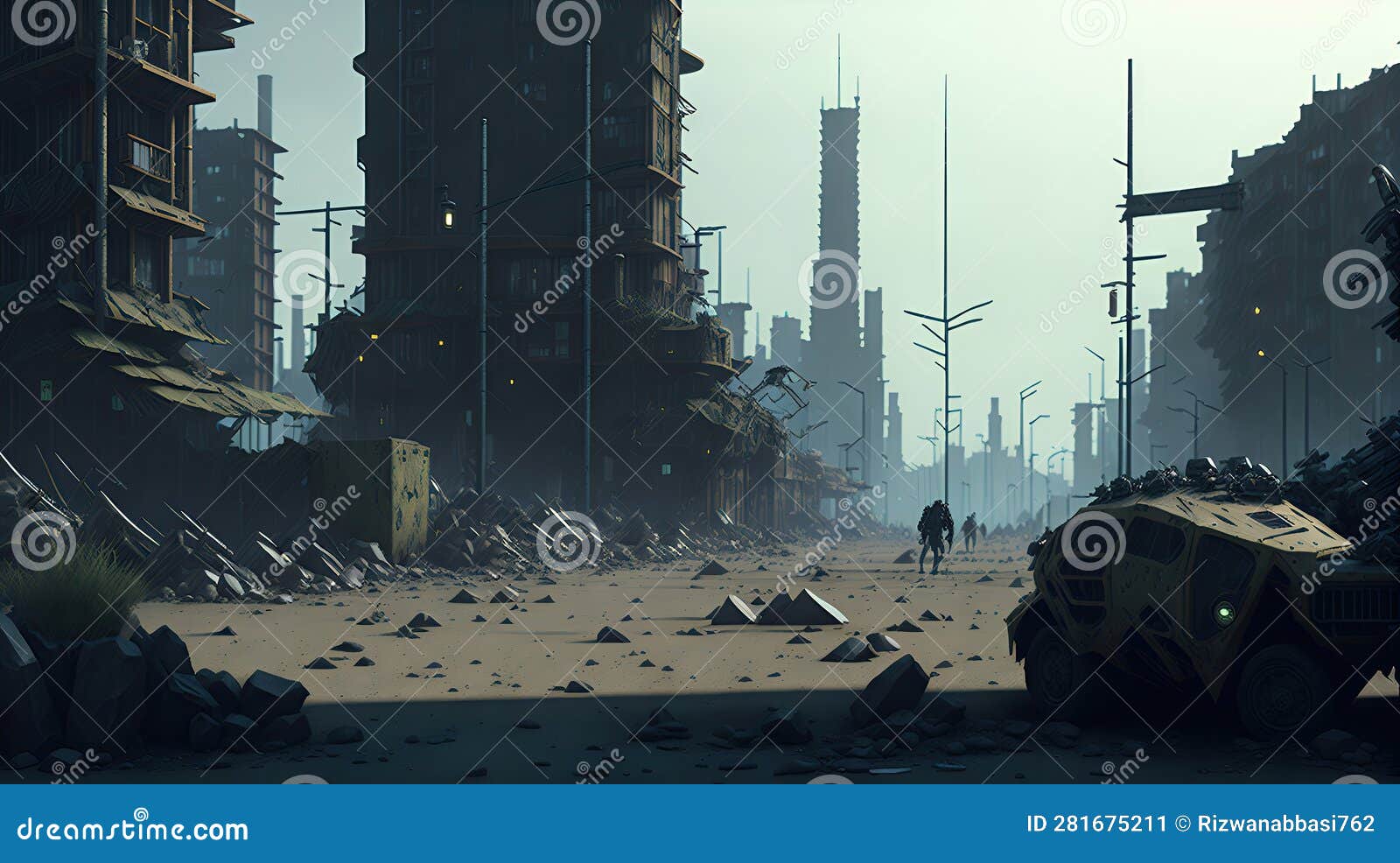 A Post Apocalyptic Cityscape with a Skyline Stock Illustration ...