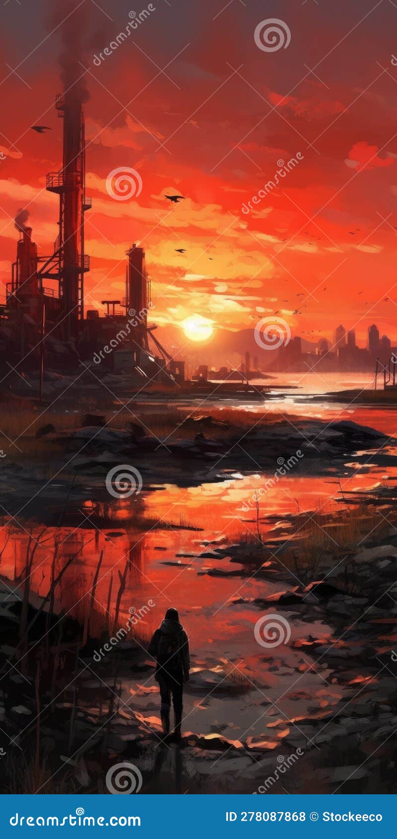 Post-apocalyptic Estuary Illustration with Red Sun Setting Stock ...