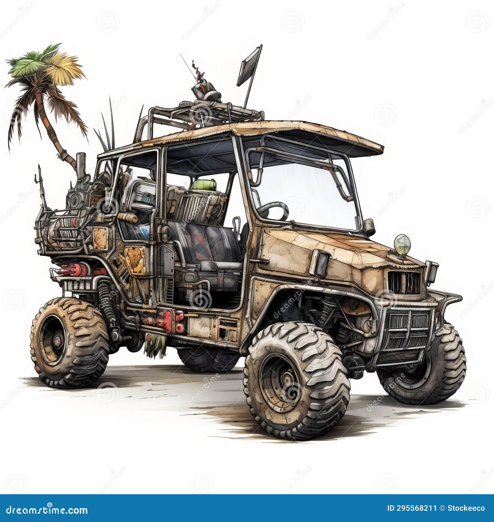 Post-apocalyptic Golf Cart Illustration with Palm Trees Иллюстрация ...