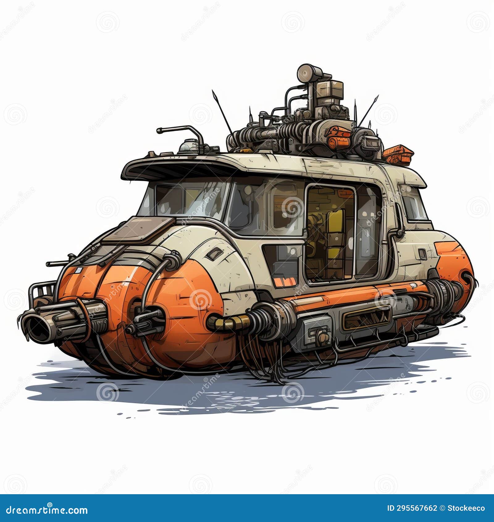 Post-apocalyptic Hovercraft Illustration with Dark White and Orange ...
