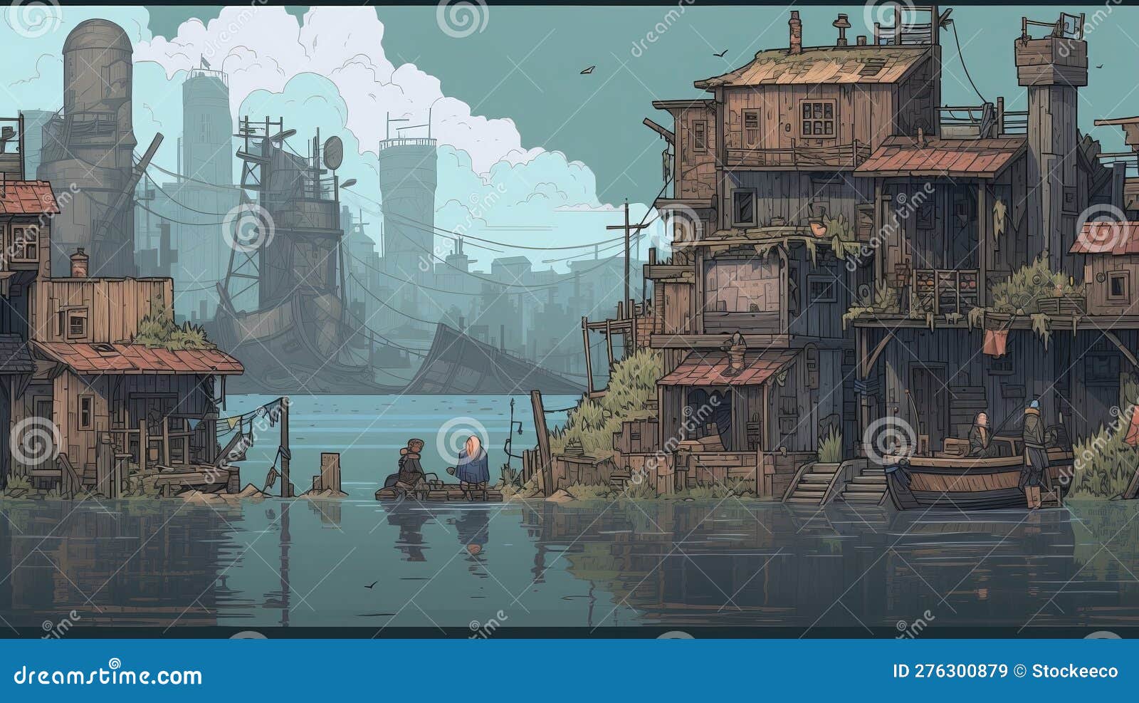 Post-apocalyptic Riverside in 16-bit Pixel Art Style Stock Illustration ...