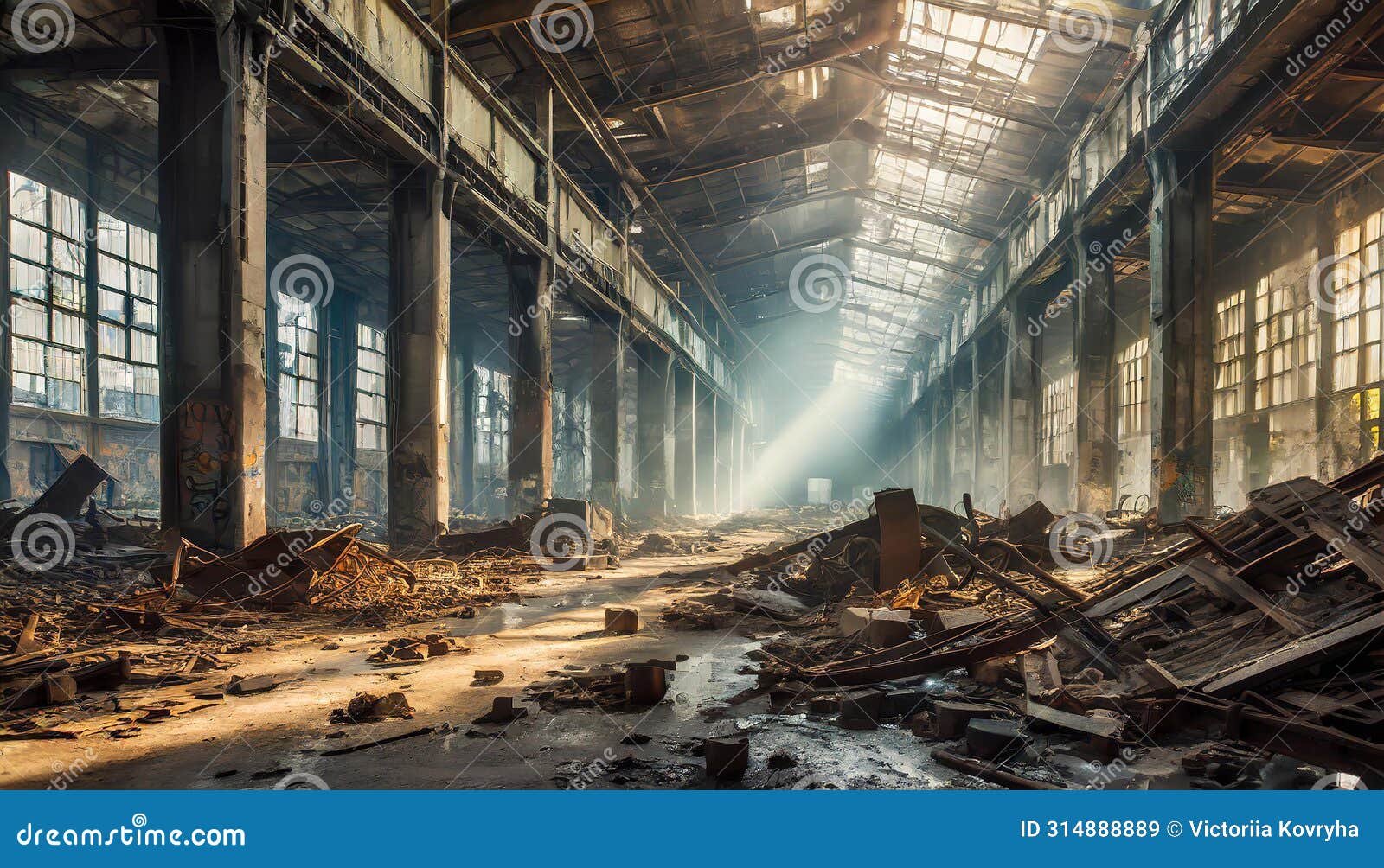 Post-apocalyptic Ruined Industrial Hall with Debris of Lost Factory ... Post-apocalyptic Ruined Industrial Hall with Debris of Lost Factory ...