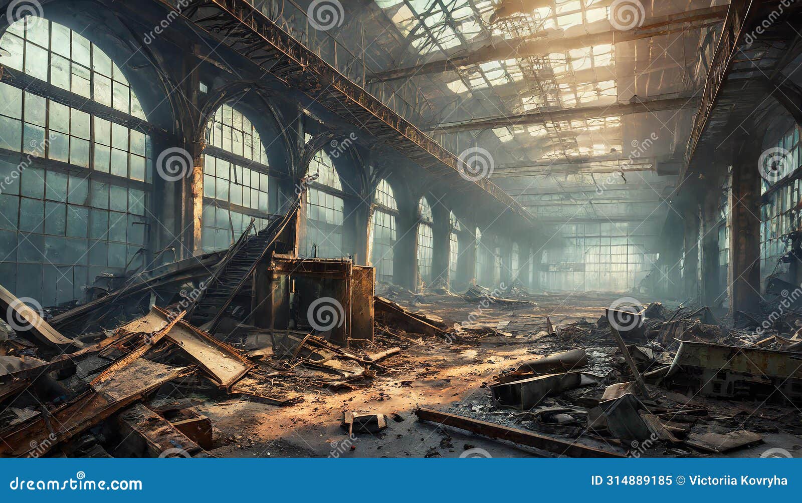 Post-apocalyptic Ruined Industrial Hall with Debris of Lost Factory ... Post-apocalyptic Ruined Industrial Hall with Debris of Lost Factory ...