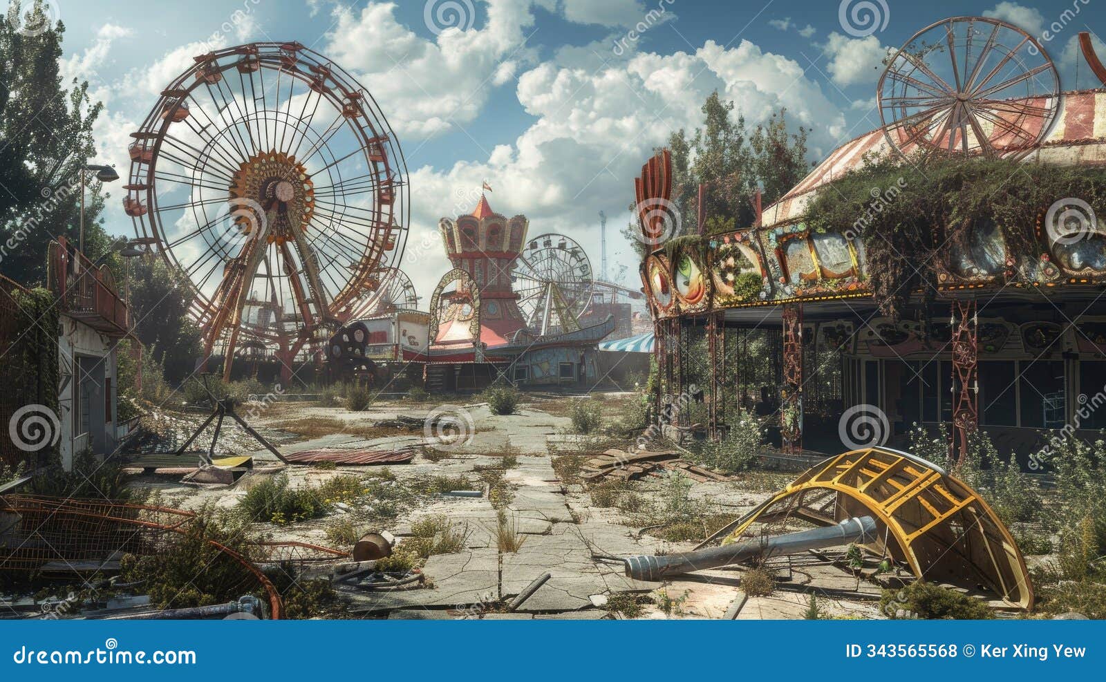 Post-apocalyptic Scene of a Ruined Amusement Park Stock Illustration - Illustration of broken ...