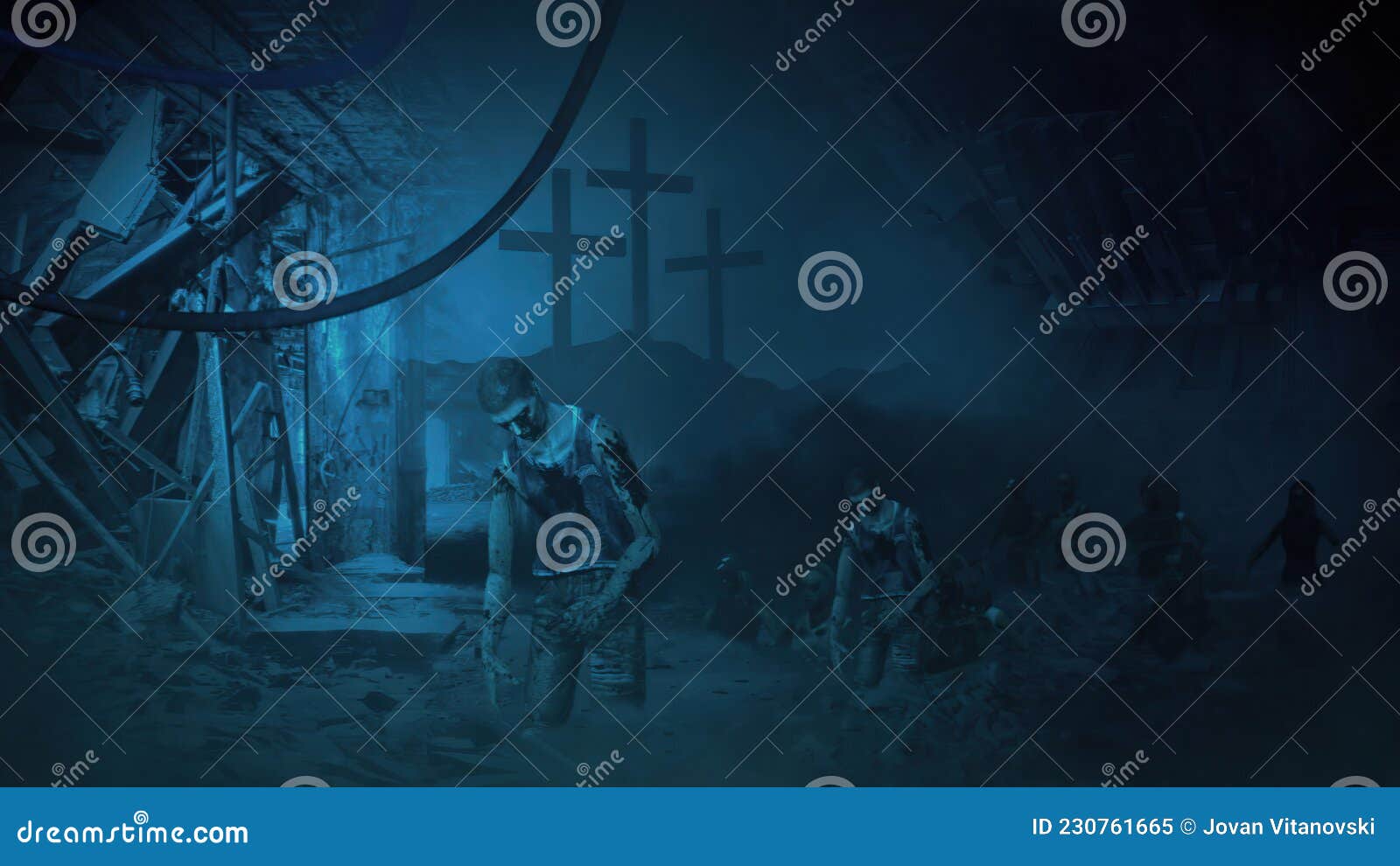 Post Apocalyptic Scene with Zombie Stock Illustration - Illustration of ...