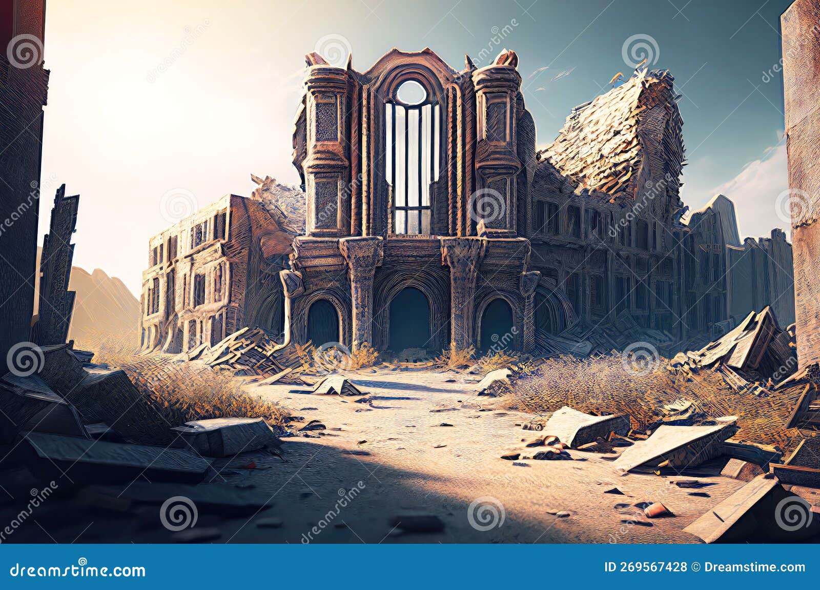 Post-apocalyptic Scenery with Destroyed Building Structures Stock ...