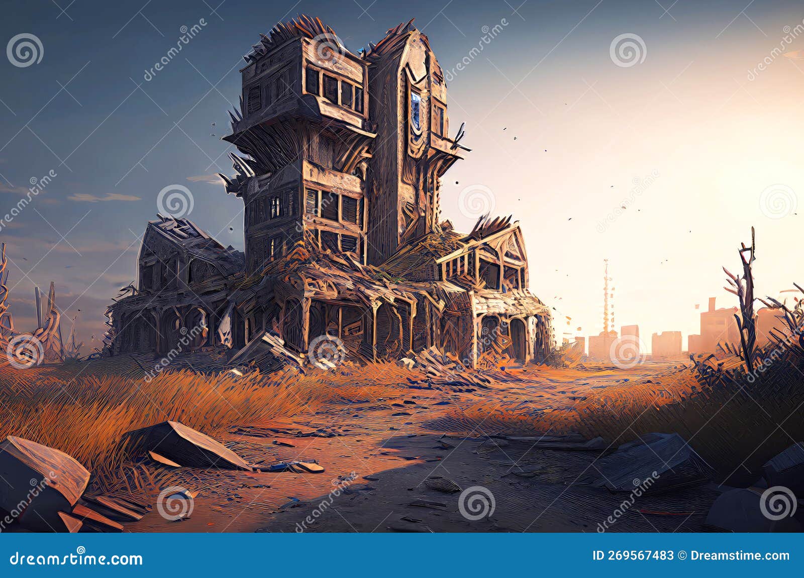 Post-apocalyptic Scenery with Destroyed Building Structures Stock ...